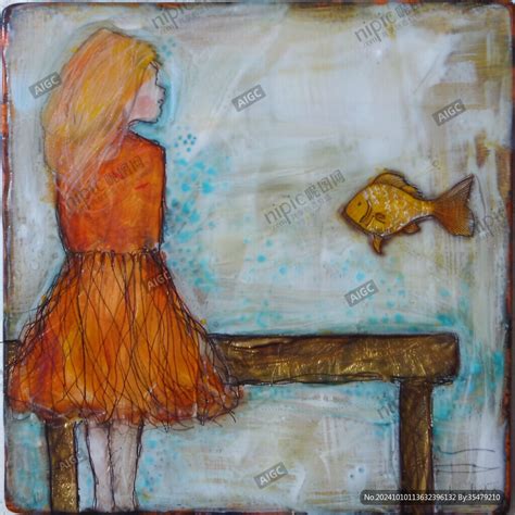 Ai创作图驾驭鱼的少女 水彩捞鱼女孩 女孩决意装饰画 女孩装饰画 小女孩装饰画 鱼与少女 女孩无框画 少女装饰画 无框画女孩 绘长发女生落水无