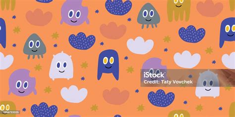 핸드 드로잉 몬스터 얼굴 구름 별 원활한 인쇄 디자인 패션 패브릭 섬유 그래픽 프린트를 위한 벡터 일러스트 디자인 0명에 대한 스톡 벡터 아트 및 기타 이미지 Istock