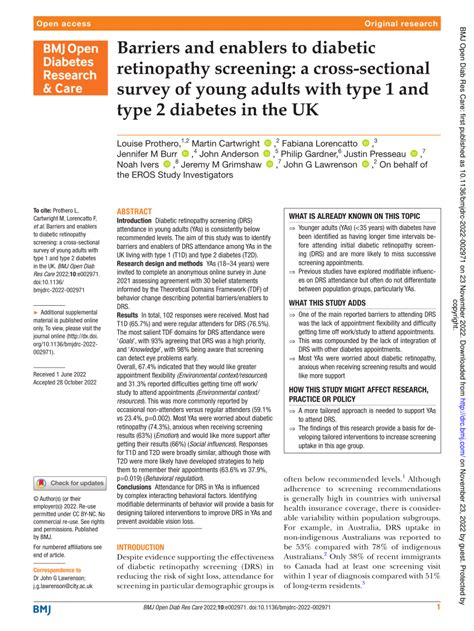 pdf barriers and enablers to diabetic retinopathy screening a cross