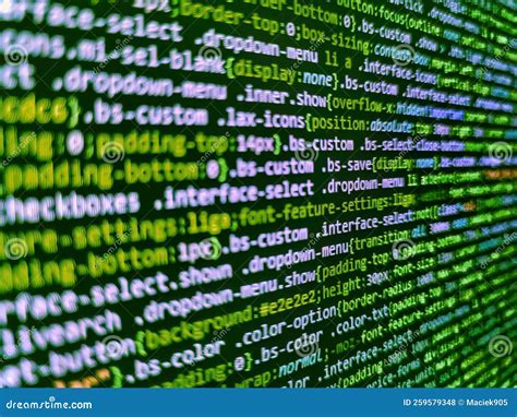 Screen Of Web Developing Code On Dark Background New Technology Revolution Html5 In Editor For