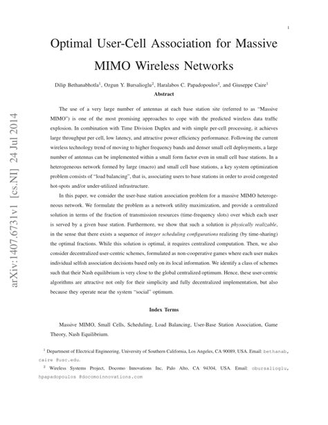 Pdf Optimal User Cell Association For Massive Mimo Wireless Networks