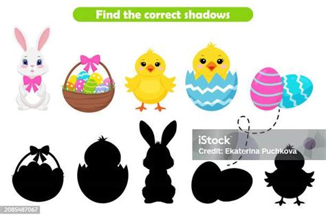 올바른 그림자 부활절 세트 토끼 닭고기 색깔의 달걀을 찾으십시오 아이들을 위한 논리 퍼즐 올바른 실루엣의 인쇄 가능한 용지를 찾으십시오 14세 어린이용 그림자에 대한 스톡