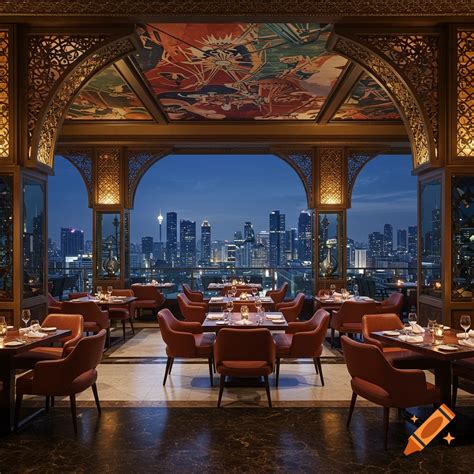 A High End Rooftop Restaurant Overlooking A City Skyline At Night With