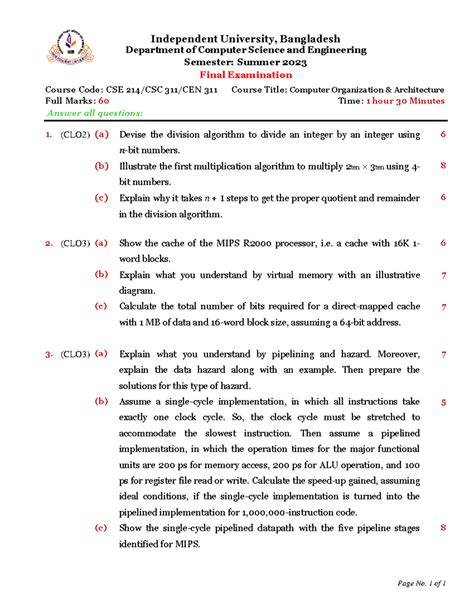 Final Exam Cse 214 Computer Organization And Architecture Summer 2023