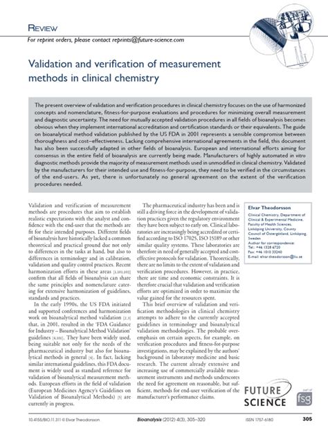 Theodorsson 2012 Validation And Verification Of Measurement Methods In