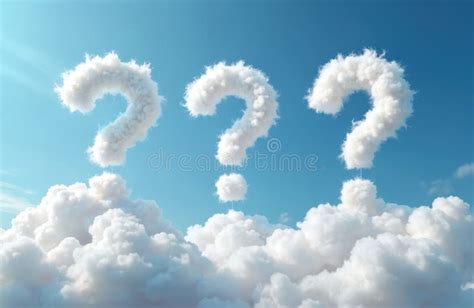 conceptual background features question marks from clouds on blue sky