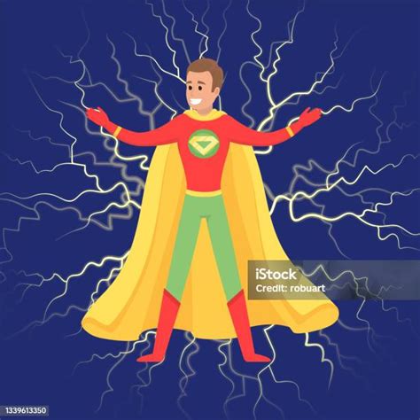 용감한 슈퍼 히어로 미소 초능력을 가지고 번개와 어두운 배경에 서 가공의 인물에 대한 스톡 벡터 아트 및 기타 이미지 가공의
