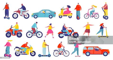 다른 도시 교통에 사람들 개인 차량을 타고 문자 자전거 오토바이 스쿠터 스케이트 보드 벡터 세트에 남성과 여성 오토바이에 대한