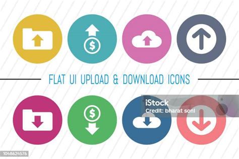 플랫 Ui 8 컬러 다운로드 및 업로드 아이콘 세트 Eps10입니다 매우으로 유용한 다운로드 및 업로드 아이콘 설정 간단한 그림 웹 모바일 소프트웨어 및 애플 리 케이 션에