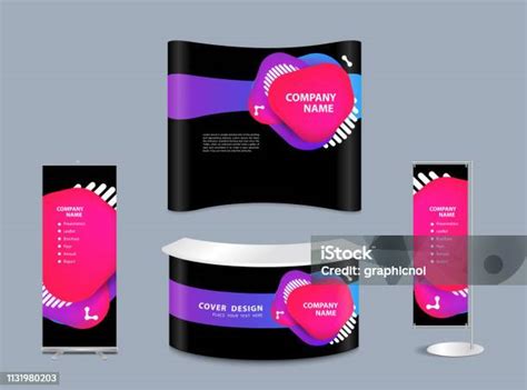 밝은 기하학적 멀티 컬러 거품과 유체 모양 무지개의 비즈니스 프리즘 색상에 대 한 템플릿을 가진 전시회 스탠드 모형 디자인 벡터