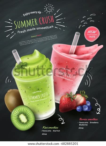 ผลไม้สมูทตี้โฆษณากีวีและผลเบอร์รี่สมูทตี้ถ้วยกับผลไม้สดแยกบนกระดานชอล์กพื้นหลังในภาพประกอบ 3