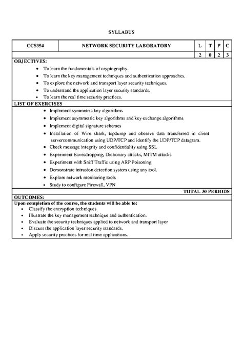 Final Manual 925 Syllabus Ccs354 Network Security Laboratory L T P C