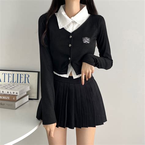 소피아르 블랙 자수 배색 하이틴 가디건 니트조끼 긴팔셔츠 프레피룩 넥타이 교복세트