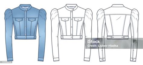 크롭 데님 재킷 테크니컬 패션 일러스트레이션 퍼프 슬리브 재킷 패션 플랫 기술 도면 템플릿 버튼 다운 포켓 슬림 핏 전면 및 후면보기 흰색 파란색 여성 Cad 모형 세트