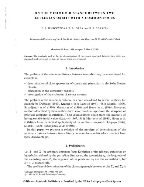 Pdf On The Minimum Distance Between Two Keplerian Orbits With A