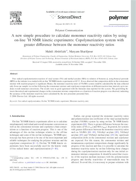 Pdf A New Simple Procedure To Calculate Monomer Reactivity Ratios By Using On Line 1h Nmr