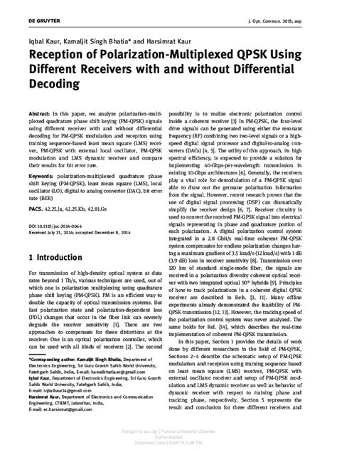 Pdf Reception Of Polarization Multiplexed Qpsk Using Different