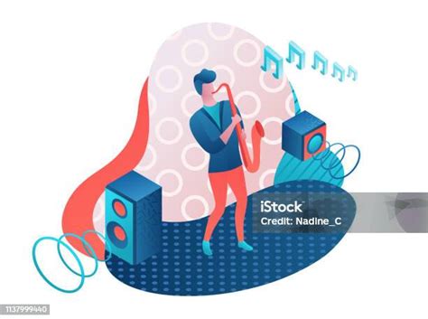 Saxophonist 연주 튜 바 색소폰 3d 아이소메트릭 벡터 일러스트 레이 션 남자 연주 악기 재즈 페스티벌 콘서트 쇼 포스터 템플릿 색상 아이콘 3차원 형태에 대한