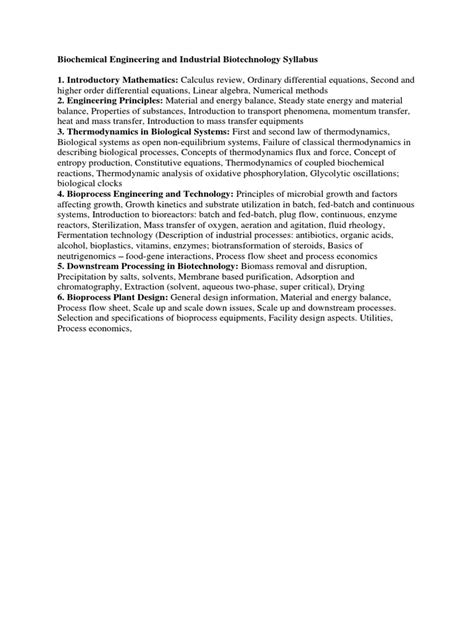 Biochemical Engineering And Industrial Biotechnology Syllabus Pdf