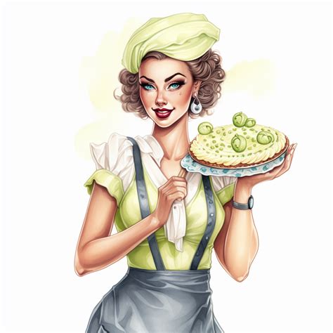 Hand Drawn Pin Up Woman Wearing A Bakers Hat Light Blue And White