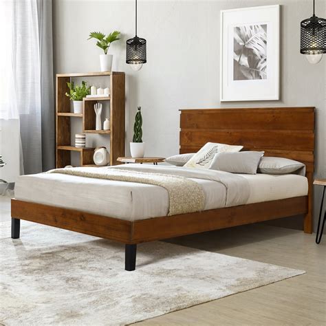 Queen Size Solid Wood Bed Frame Mid Century Modern Platform Bed Frame