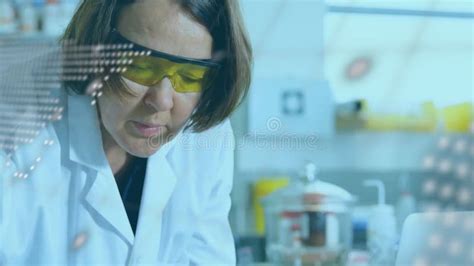 scientist in lab coat working with data processing animation overlay