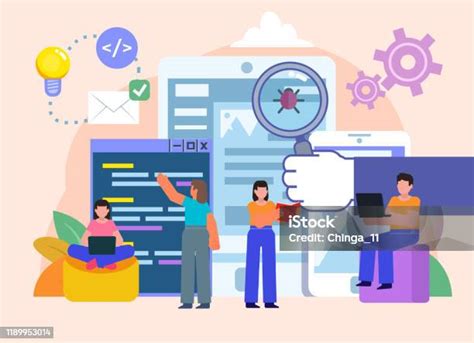 코딩 소프트웨어 응용 프로그램 개발 팀 스튜디오 코드 스마트 폰 태블릿으로 큰 화면 근처에 서있는 사람들의 그룹 웹 디자인에 대한 스톡 벡터 아트 및 기타 이미지 Istock