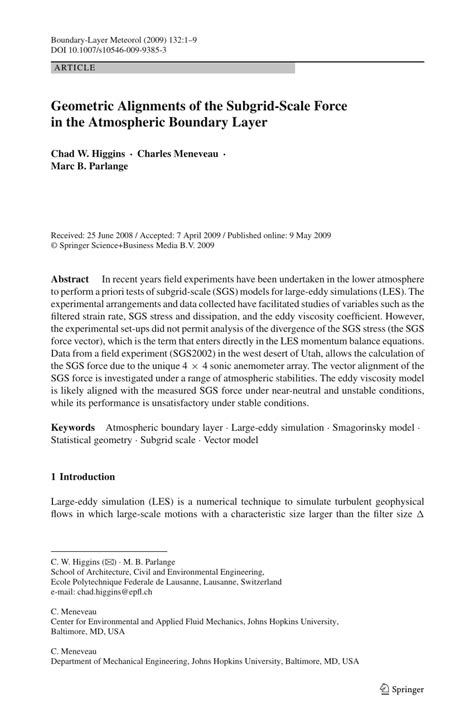 Pdf Geometric Alignments Of The Subgrid Scale Force In The Atmospheric Boundary Layer