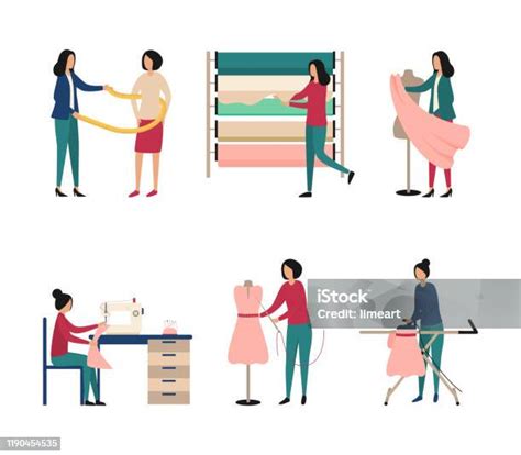 세스 패션 아틀리에 재봉사 디자이너 직물 재봉틀 다림질 의류 작업장에서 고객 측정의 작업 흰색 배경에 격리된 플랫 벡터 그림입니다 일러스트레이션에 대한 스톡 벡터 아트 및