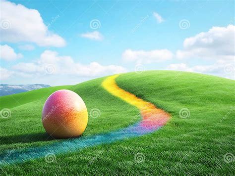Easter Egg On Grassy Hill Rainbow Path Springtime Scene Vibrant Colors Whimsical Stock