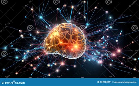 Digital Brain Network With Glowing Connections On A Black Background Stock Illustration
