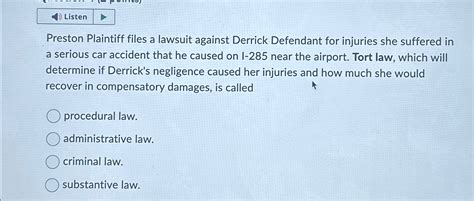 Solved Preston Plaintiff files a lawsuit against Derrick | Chegg.com