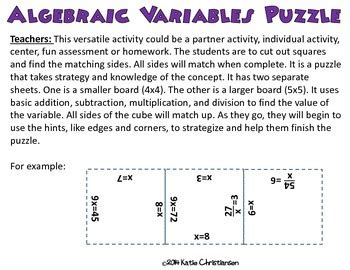 Basic Algebra Pack With One Variable By Katie Christiansen TPT