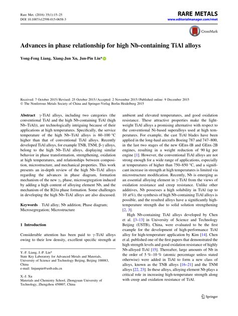 Pdf Advances In Phase Relationship For High Nb Containing Tial Alloys