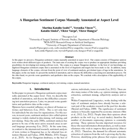 A Hungarian Sentiment Corpus Manually Annotated At Aspect Level Acl Anthology