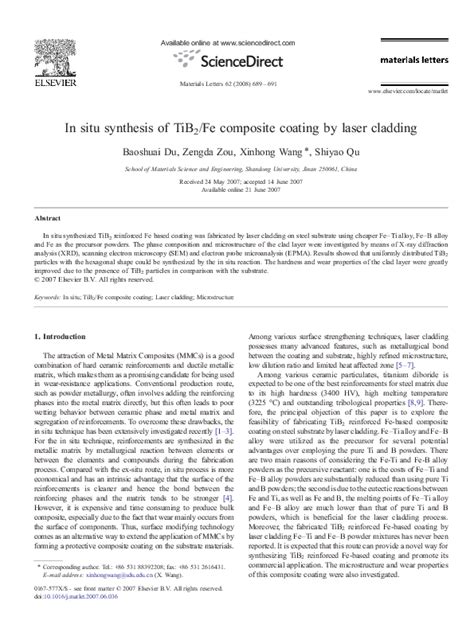 Pdf In Situ Synthesis Of Tib 2fe Composite Coating By Laser Cladding