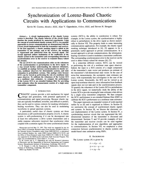 Pdf Synchronisation Of Lorenz Based Chaotic Circuit With Applications