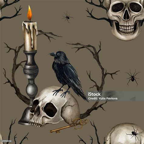 두개골에 검은 까마귀 촛불 거미 및 마른 가지가 있는 빈티지 촛대와 완벽한 패턴 갈색 배경에 수채화 그림 직물 포장 카드를 위한
