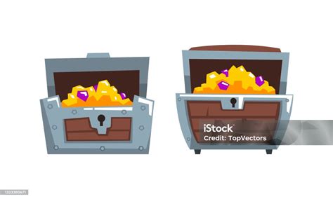 보물 상자 세트 금과 보석 만화 벡터 일러스트의 전체 나무 오래된 가슴을 열어 가득 찬에 대한 스톡 벡터 아트 및 기타 이미지 가득 찬 고대 유물 고대의 Istock