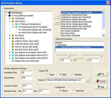 the optimization setup dialog used for configuring the settings for