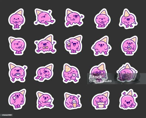 귀여운 녹는 아이스크림 캐릭터 스티커 책갈피 재미있는 얼굴을 가진 사랑스러운 만화 디저트 손으로 그린 스타일입니다 벡터 그리기 디자인 요소의 모음입니다 가공의 인물에 대한