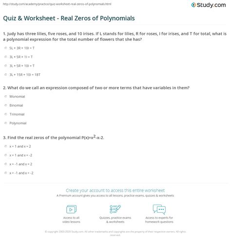 quiz and worksheet real zeros of polynomials