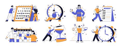시간 관리 일정 구성 작업 계획 문자 효과적인 작업 일정을 관리하는 사무원 벡터 기호 일러스트 레이 션 세트 비즈니스 프로세스 구성 마감일에 대한 스톡 벡터 아트 및 기타