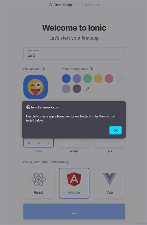 Bug Create Your Ionic App App Wizard Is Unable To Create App · Issue