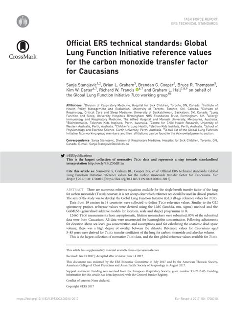 Pdf Official Ers Technical Standards Global Lung Function Initiative Reference Values For The