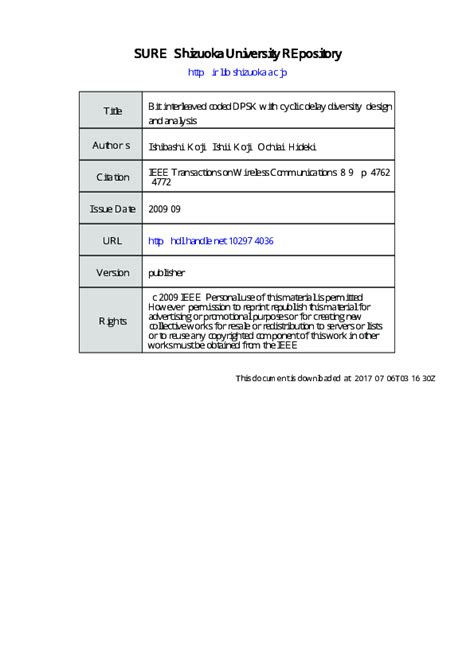 Pdf Bit Interleaved Coded Dpsk With Cyclic Delay Diversity Design And Analysis Koji
