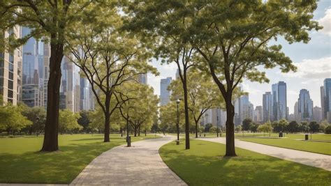A Tree Lined Path In A City Park With A Building In The Background