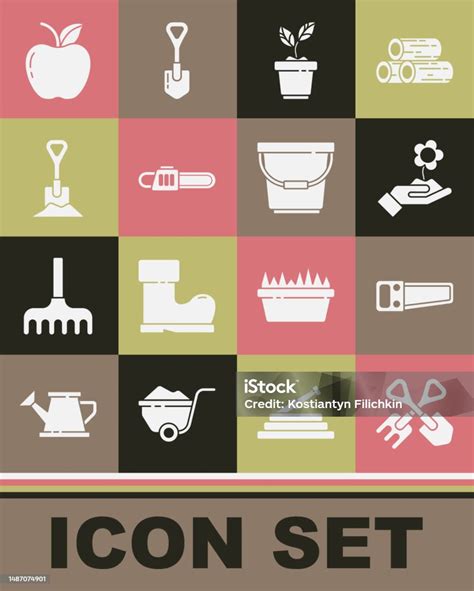 삽과 갈퀴 손 톱 꽃을 들고 화분 전기톱 땅 사과와 양동이 아이콘을 설정합니다 벡터 가루로 빻은에 대한 스톡 벡터 아트 및 기타