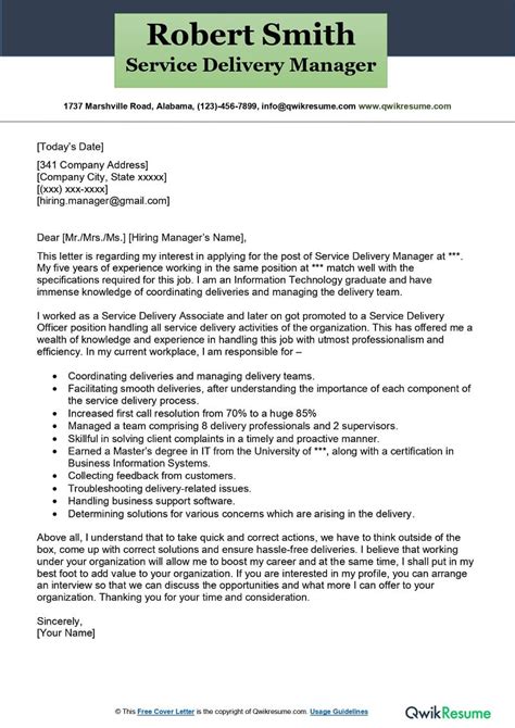 Service Delivery Manager Cover Letter Examples QwikResume