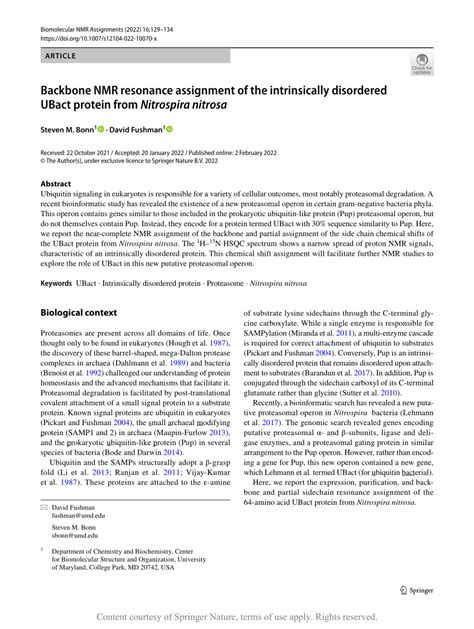 Backbone Nmr Resonance Assignment Of The Intrinsically Disordered Ubact